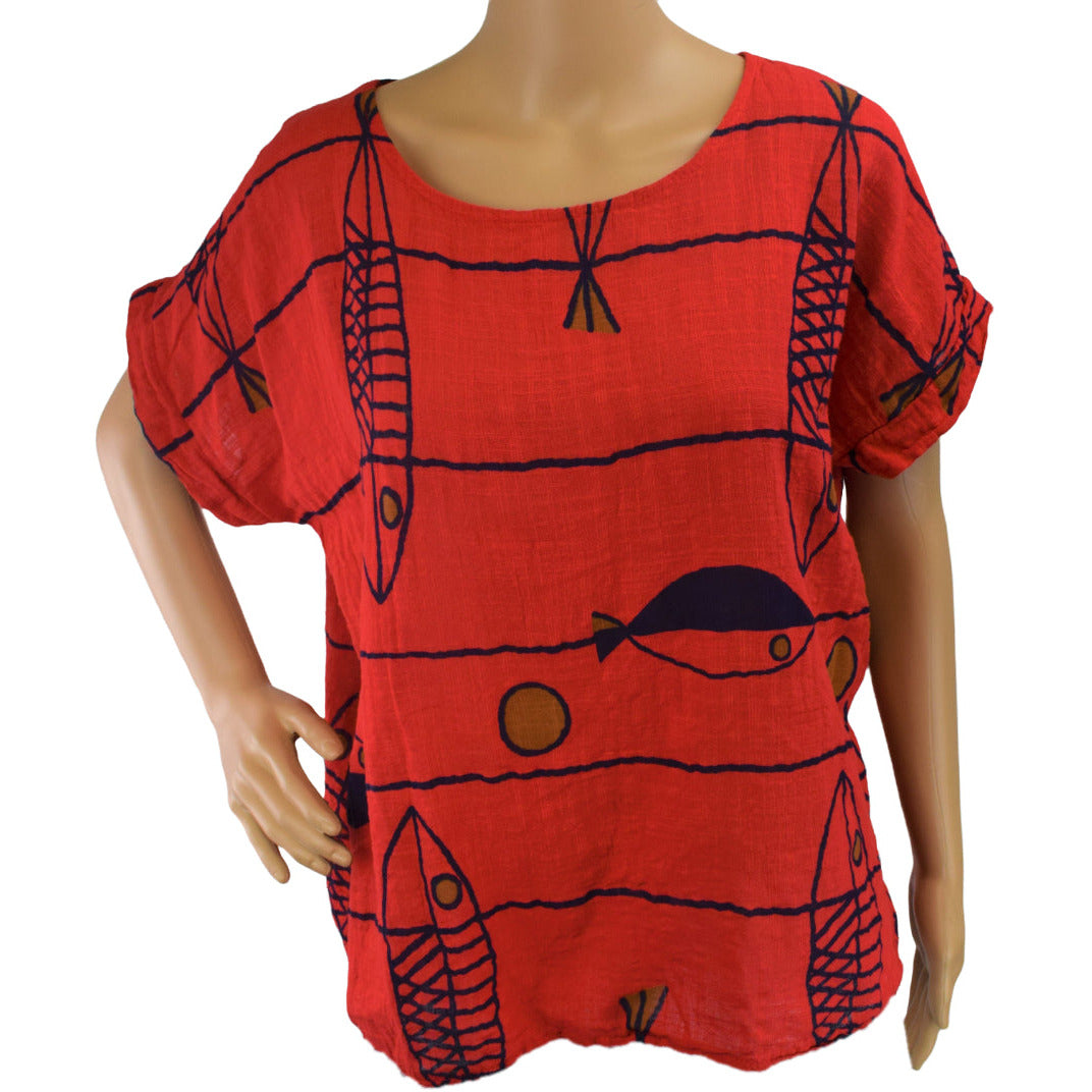 Ladies Italian Summer Lightweight Cap Sleeve Fish Print Top – Glitzee