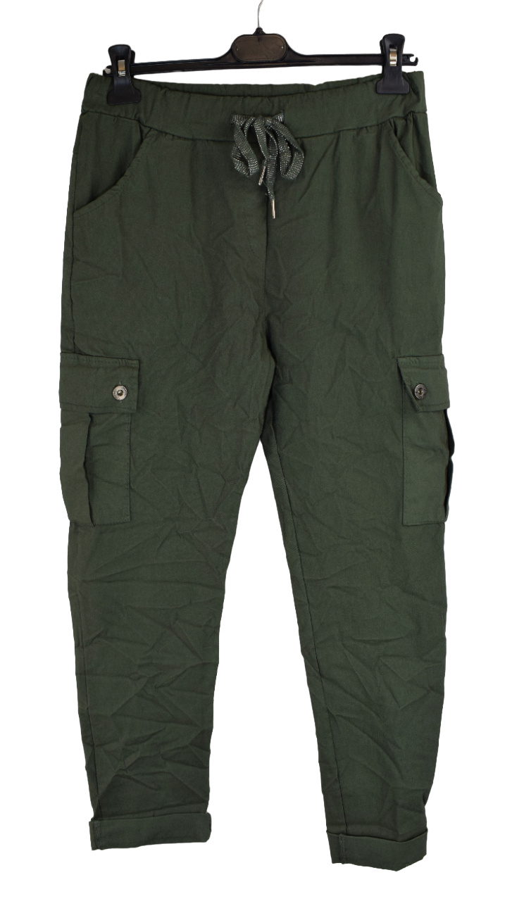 Ladies Italian Stretchy Button Detail Cargo Magic Trousers Pants – Glitzee